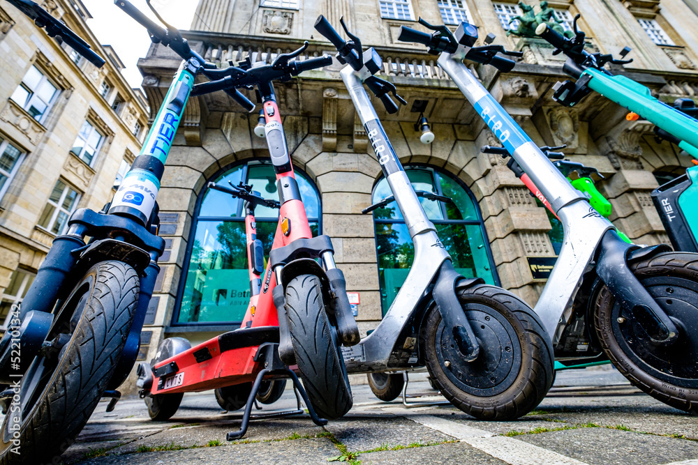 Munich, Germany - August 7: typical modern eScooters at a street in the ...