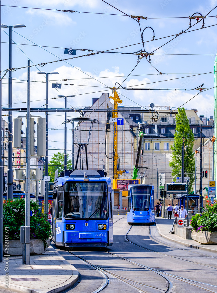 Munich, Germany - July 24: typical tram from the MVG at the old town of ...