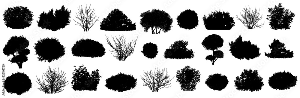 set of bush and bare bush, decorative garden plants, silhouettes ...