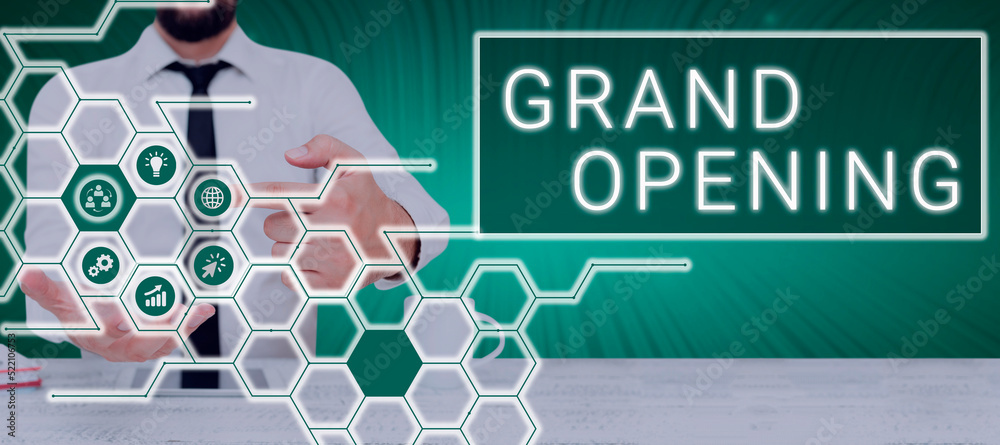 Hand writing sign Grand Opening. Business showcase Ribbon Cutting New ...