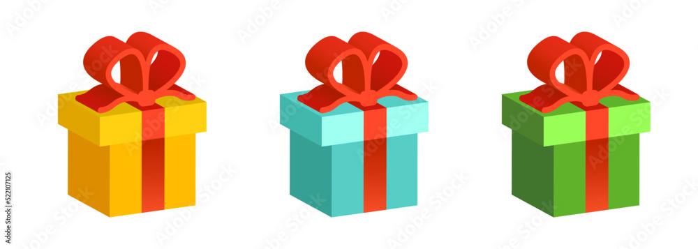 3d gift boxes. Isometric cartoon boxes with a bow. Vector clipart ...