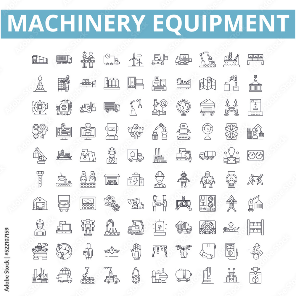 Machinery equipment icons, line symbols, web signs, vector set ...