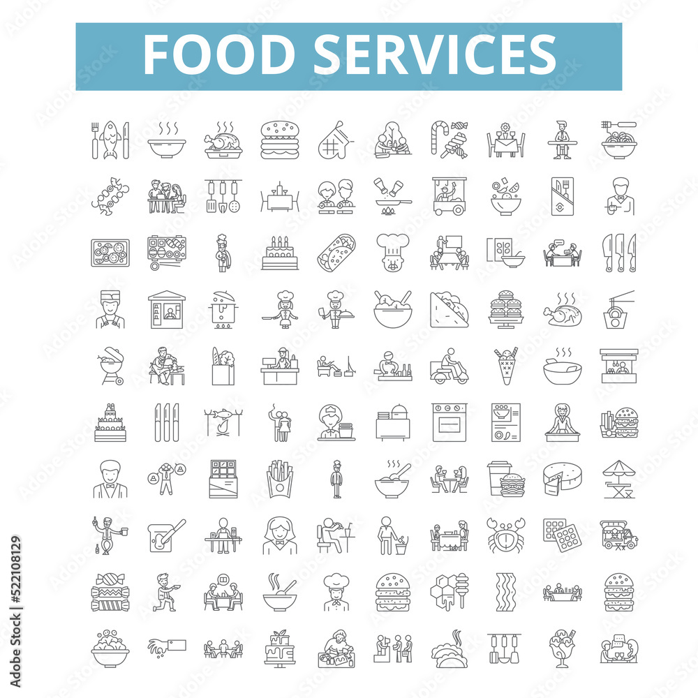Food services icons, line symbols, web signs, vector set, isolated ...