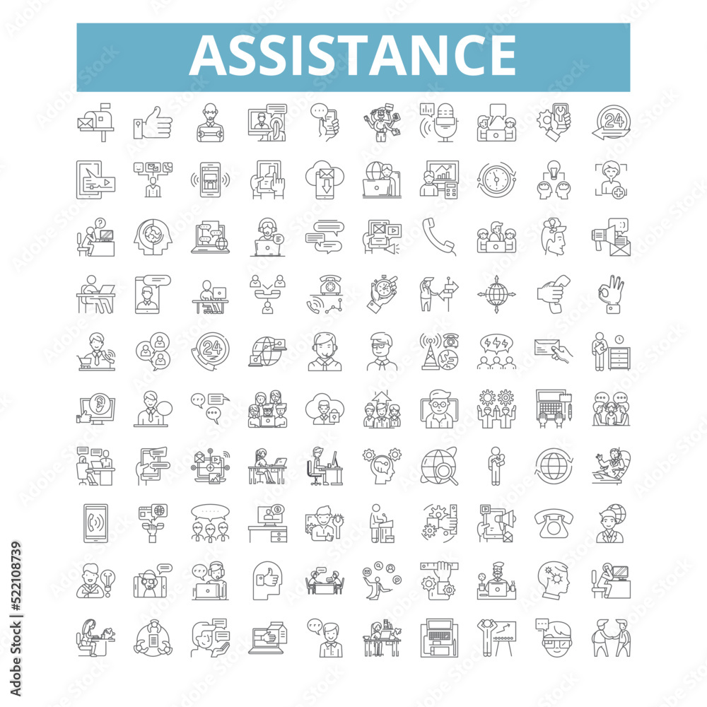 Assistance icons, line symbols, web signs, vector set, isolated ...