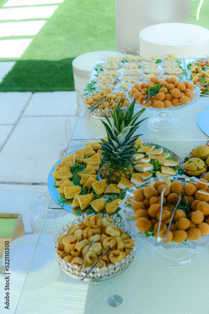 outdoors party finger food table, open-air buffet table, wedding ...
