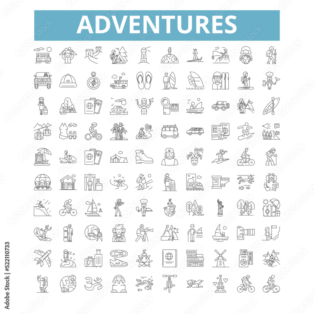 Adventures icons, line symbols, web signs, vector set, isolated ...
