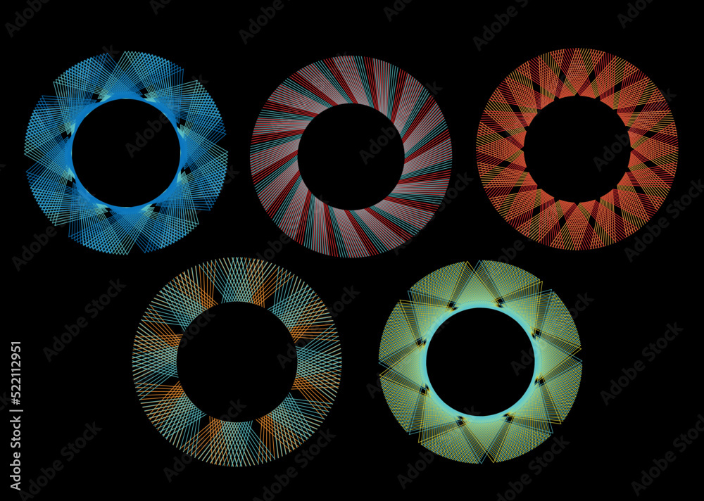 Set of linear shapes in vector. Geometric rings. Set of circles of ...