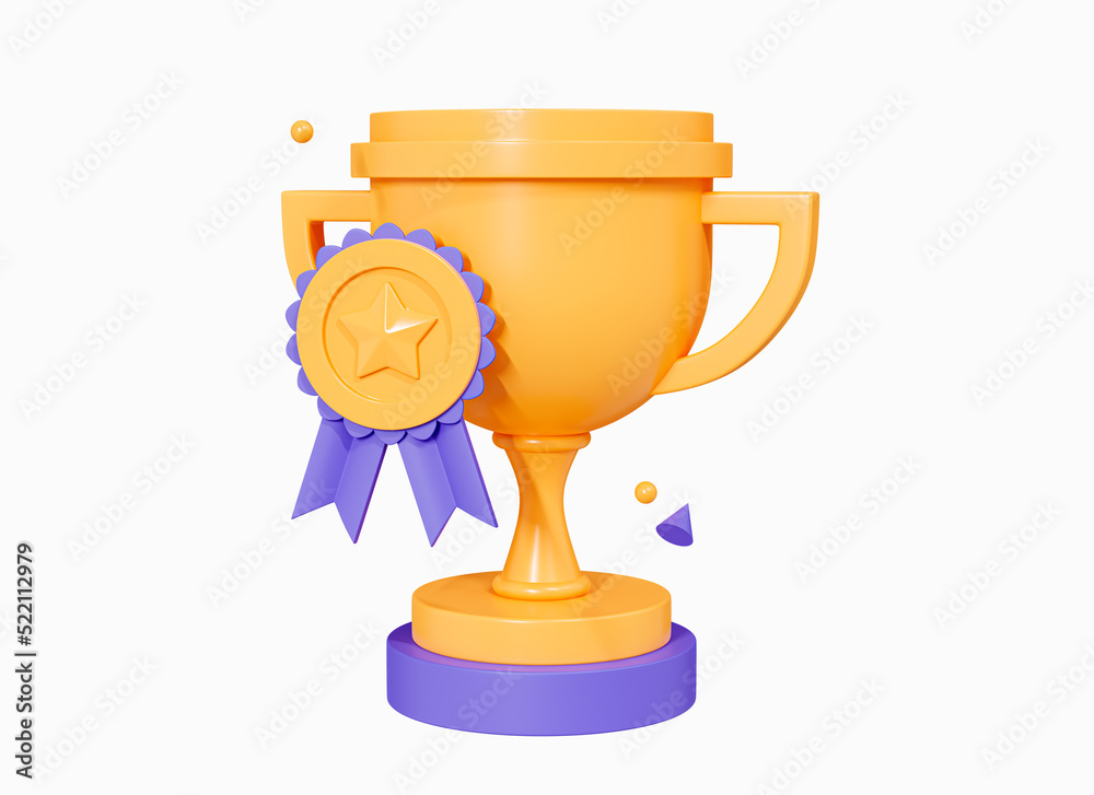 3D Gold Trophy and Medal with ribbon. Sport reward concept. Quality ...