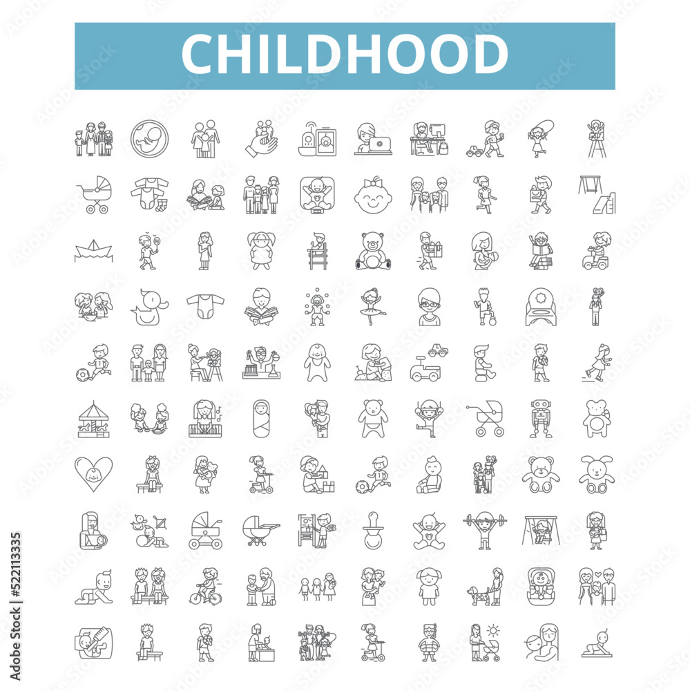 Childhood icons, line symbols, web signs, vector set, isolated ...