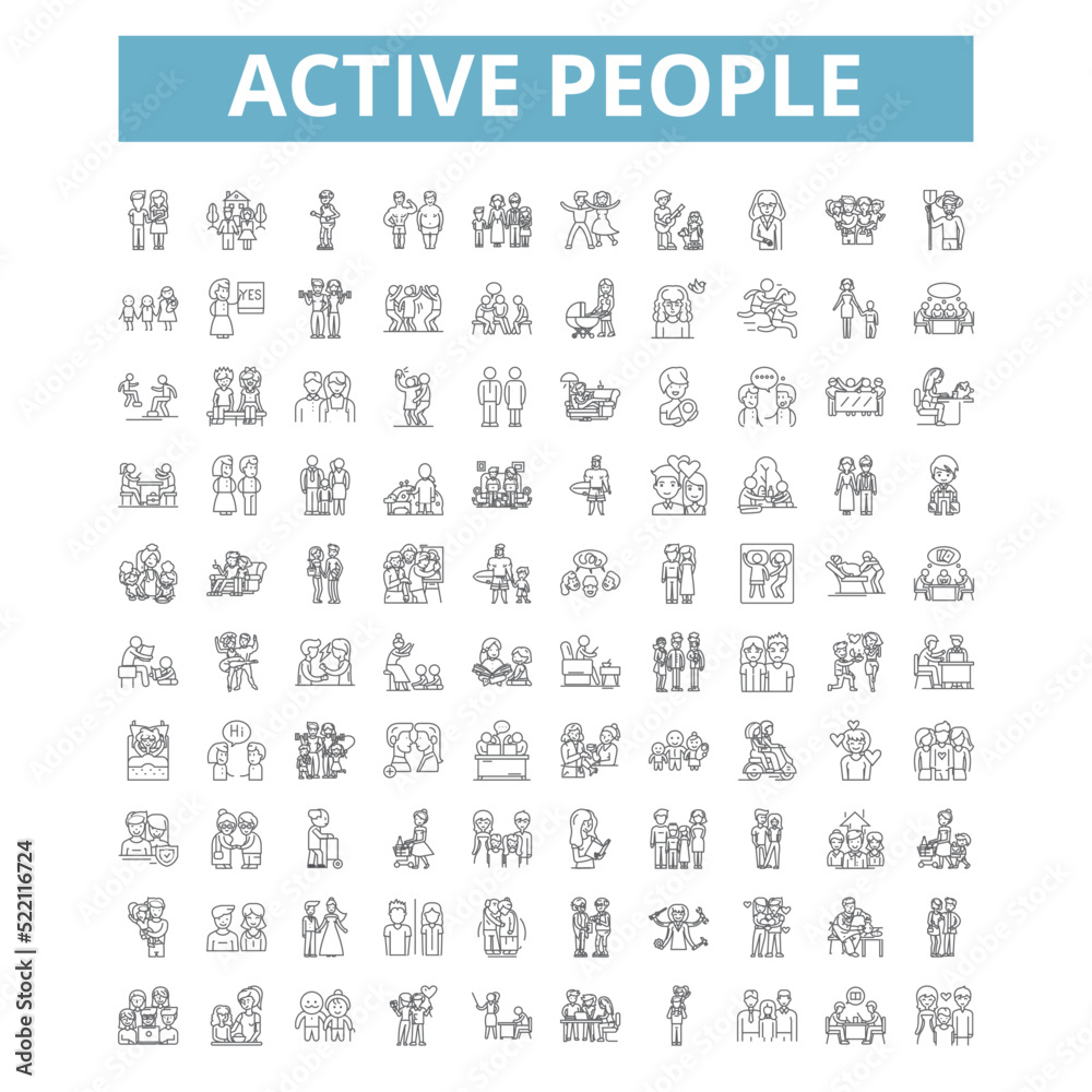 Active people icons, line symbols, web signs, vector set, isolated ...