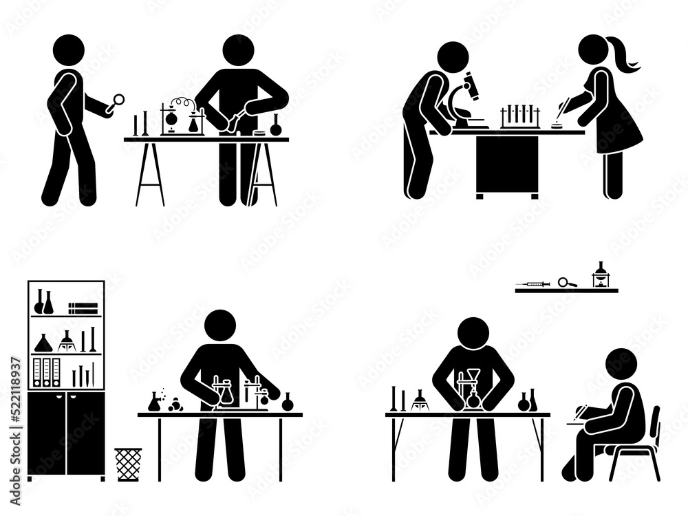 Stick figure man and woman chemist making scientific research in ... Stick figure man and woman chemist making scientific research in ...