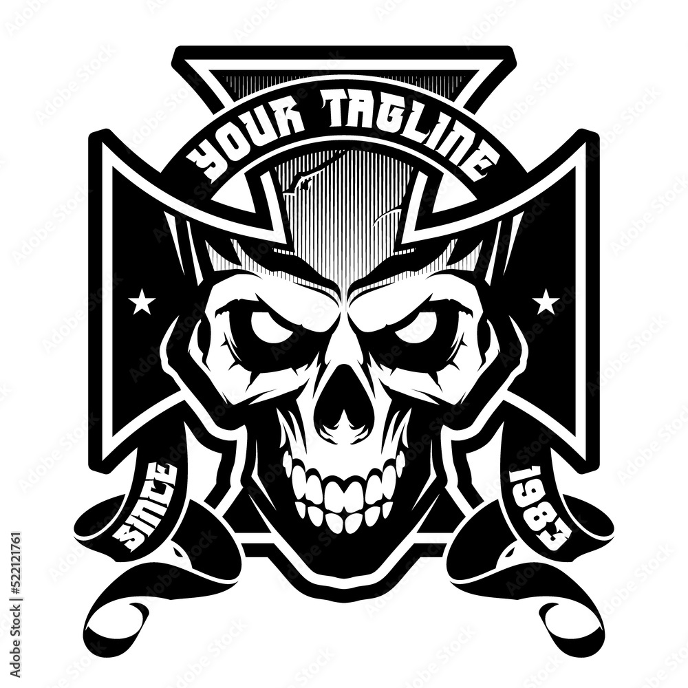 Vector Illustration With Maltese Cross With A Skull Biker Symbol