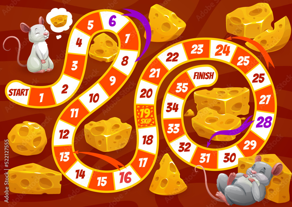 Kids board game worksheet, cartoon mouse with cheese, vector ...