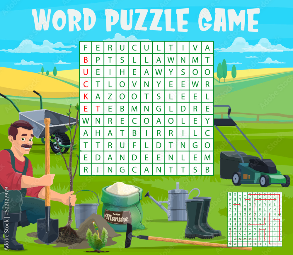 Farmer tools and equipment. Word search puzzle game worksheet ...