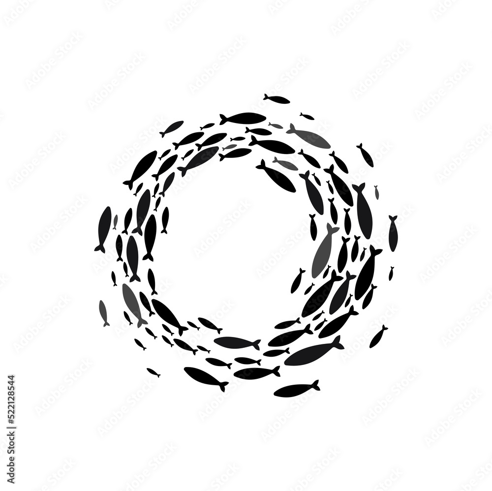 Round frame of shoal fish silhouette, isolated marine cod flock ...