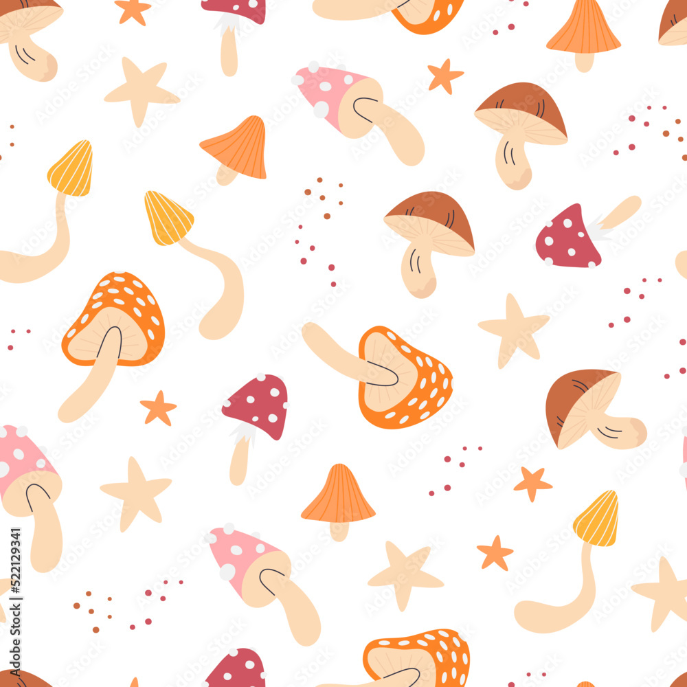 Retro 70s psychedelic mushroom seamless pattern isolated on white ...