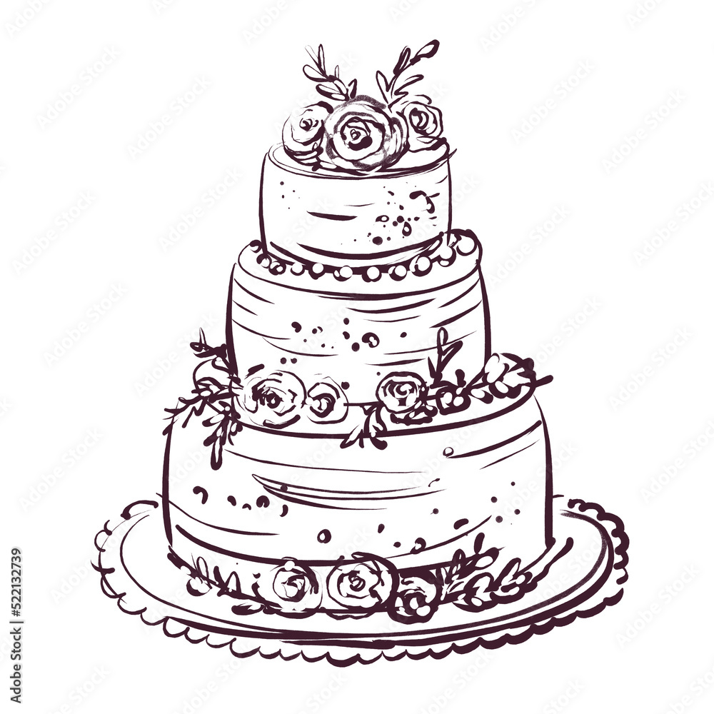 Wedding cake with roses in 3 tiers, vintage sketch on a white ...