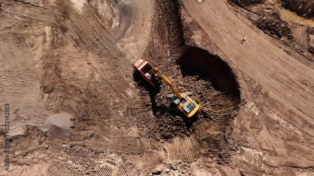Excavator during clay mining. mining in open pit. Aerial view of an ...