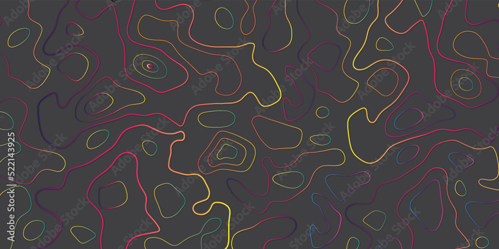 Colorful contour lines isolated on black background. topographic map ...