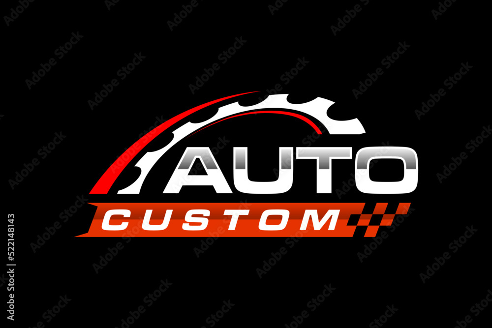 Automotive logo cog gear workshop design checkered flag racing speed ...