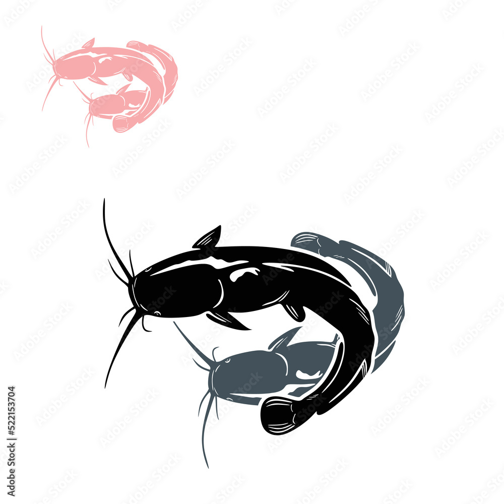 black catfish fresh water logo, silhouette of great catfish swimming ...
