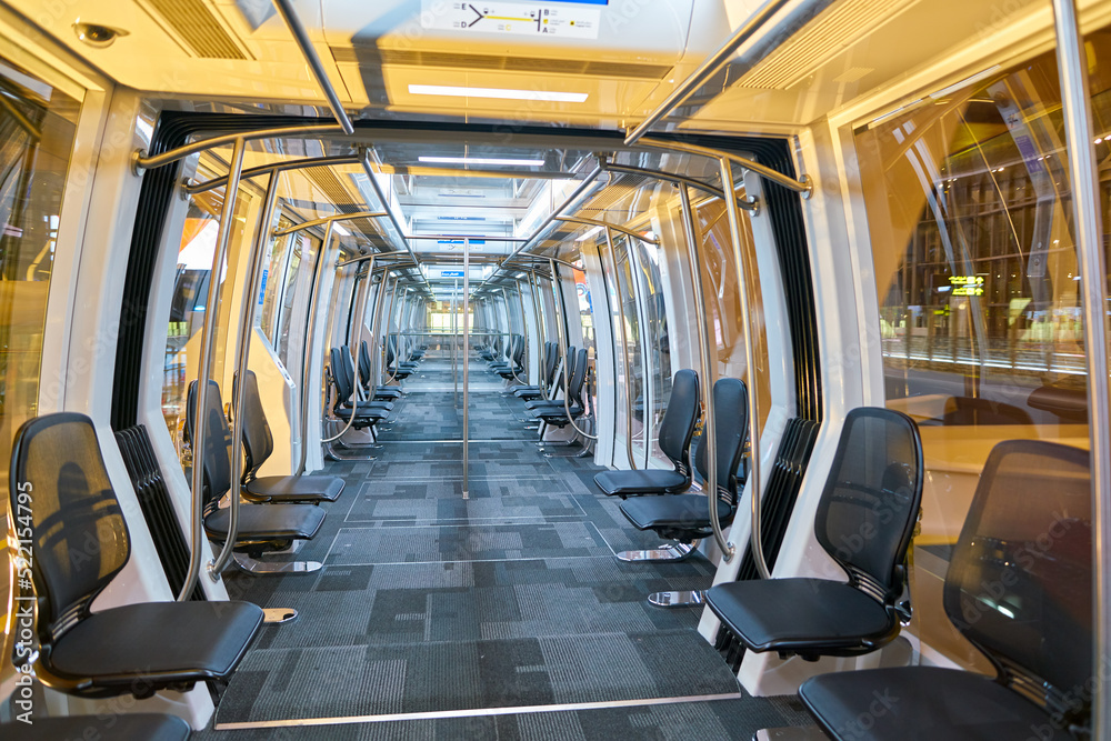 DOHA, QATAR - CIRCA MAY, 2017: inside a train at Hamad International ...
