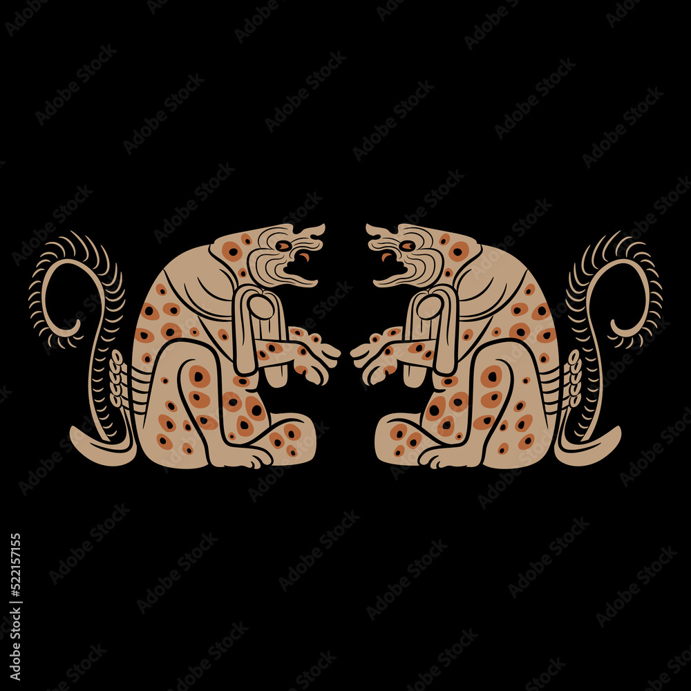Symmetrical design with two fantastic animals. Native American art of ...