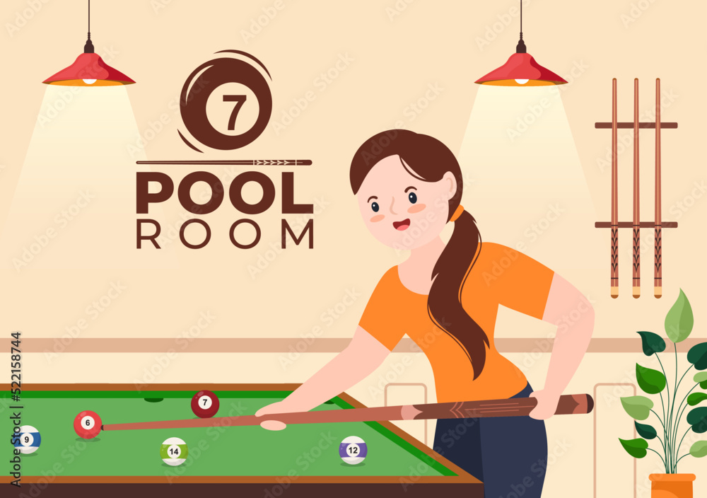 Billiards Game Hand Drawn Cartoon Flat Illustration with Player Pool ...