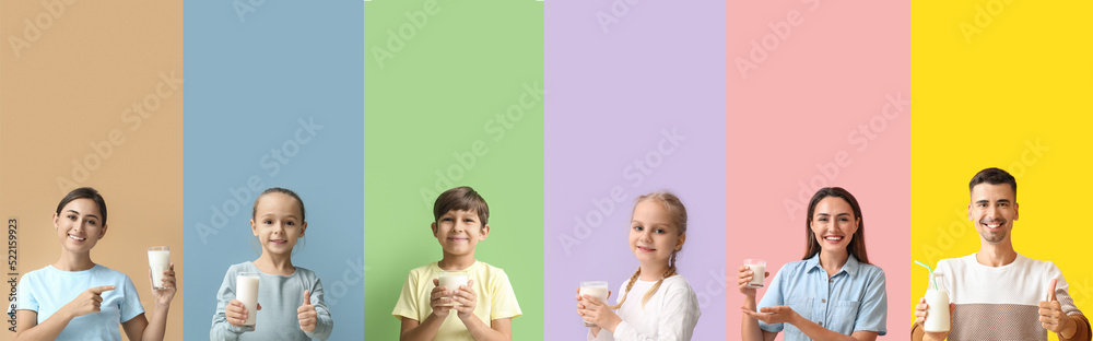 Set of people with fresh milk on colorful background Stock Photo ...