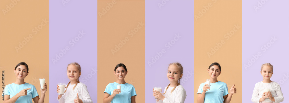 Set of people with fresh milk on colorful background Stock Photo ...