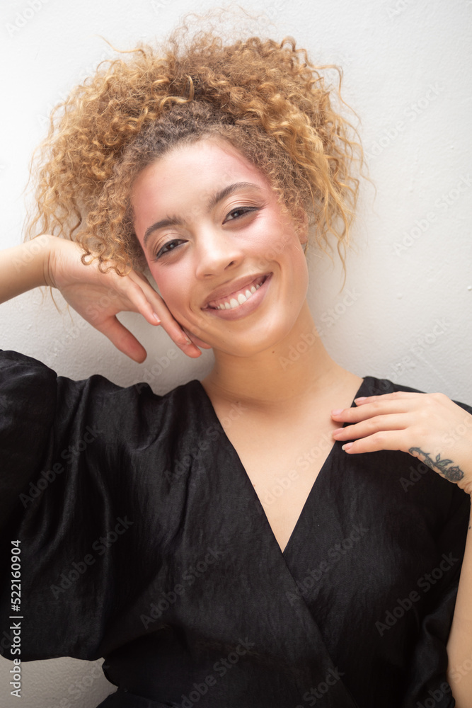 Artsy portrait of pretty Gen Z woman in black blouse, white background ...