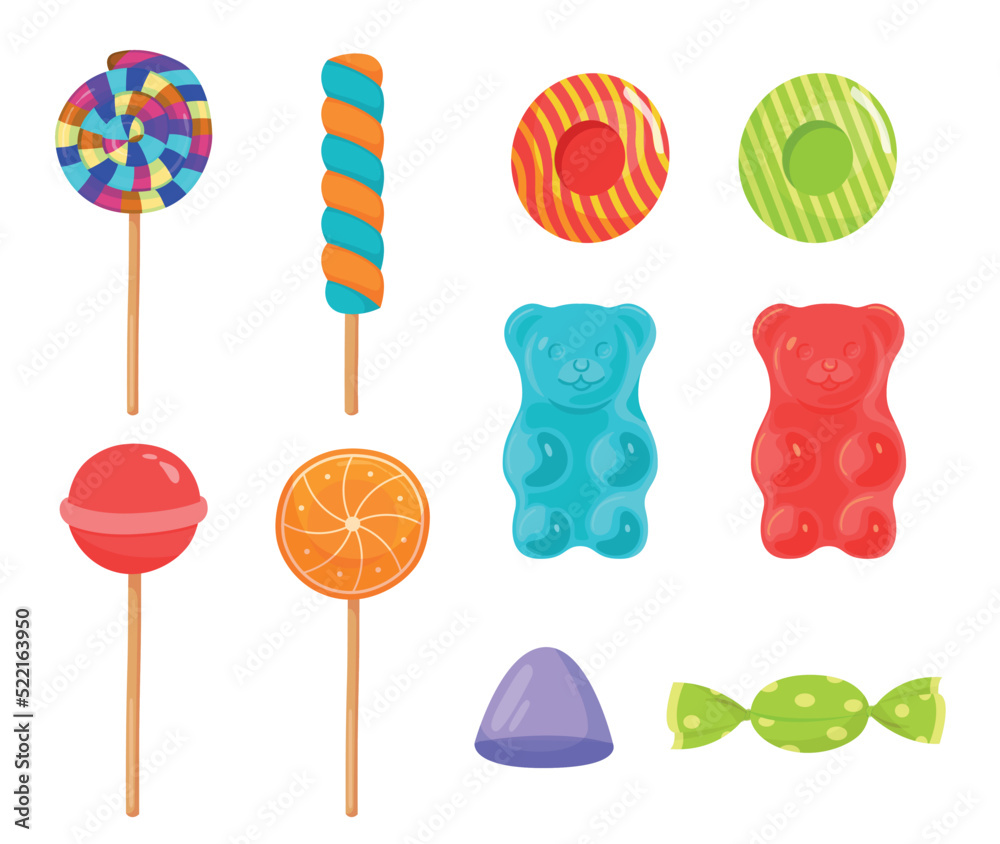 Set of candies. Collection of caramels on stick and colorful jelly ...