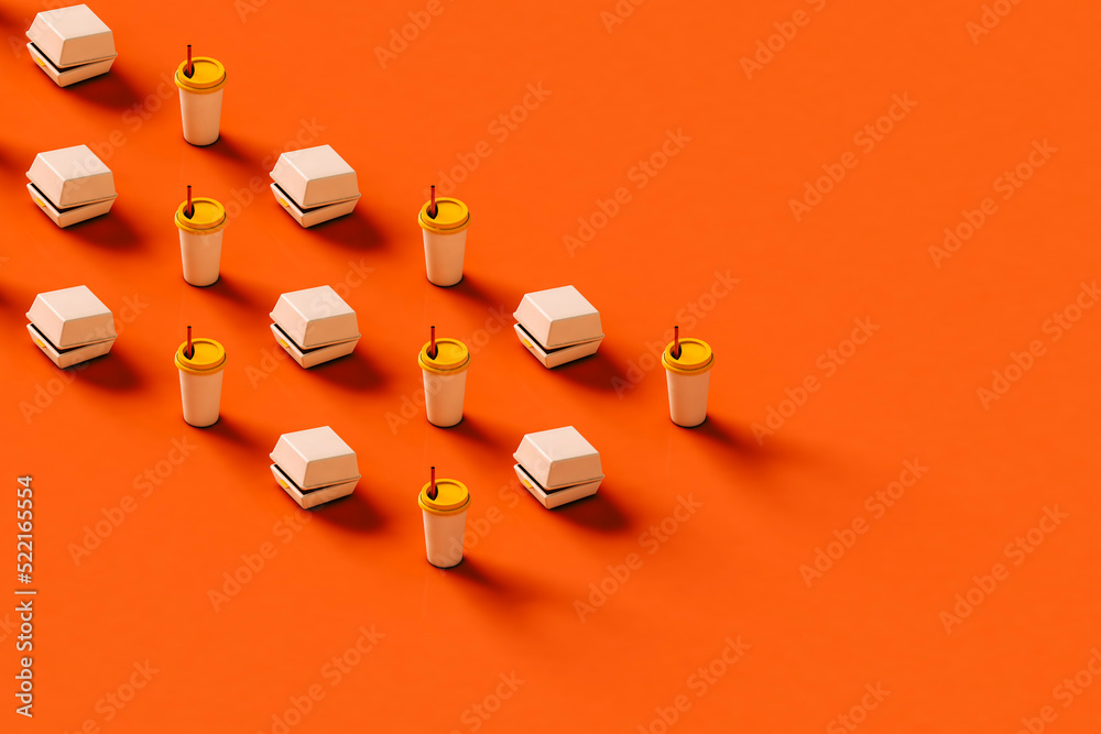 rows of fast food hamburger boxes and drinks Stock Photo | Adobe Stock