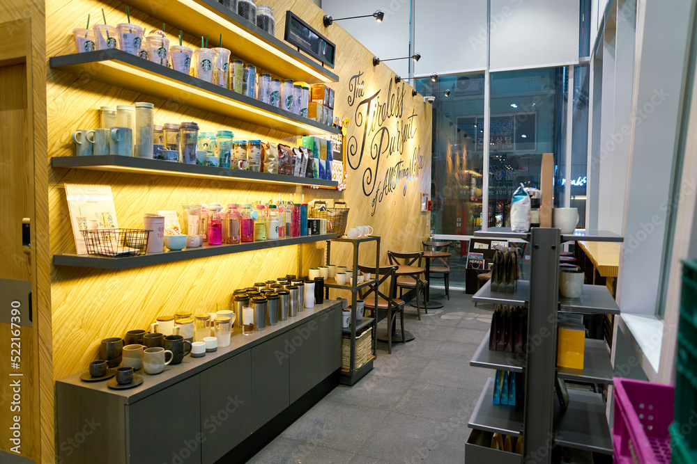 SEOUL SOUTH KOREA CIRCA MAY 2017 Goods On Display At Starbucks In seoul-south-korea-circa-may-2017-goods-on-display-at-starbucks-in
