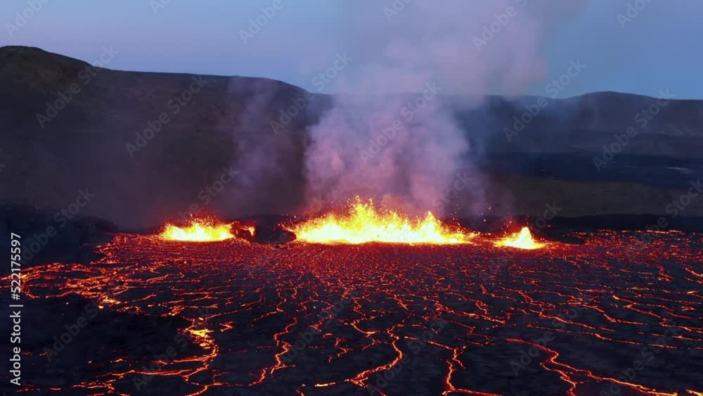 Iceland fissure volcano eruption at night with molten magma spewing ...