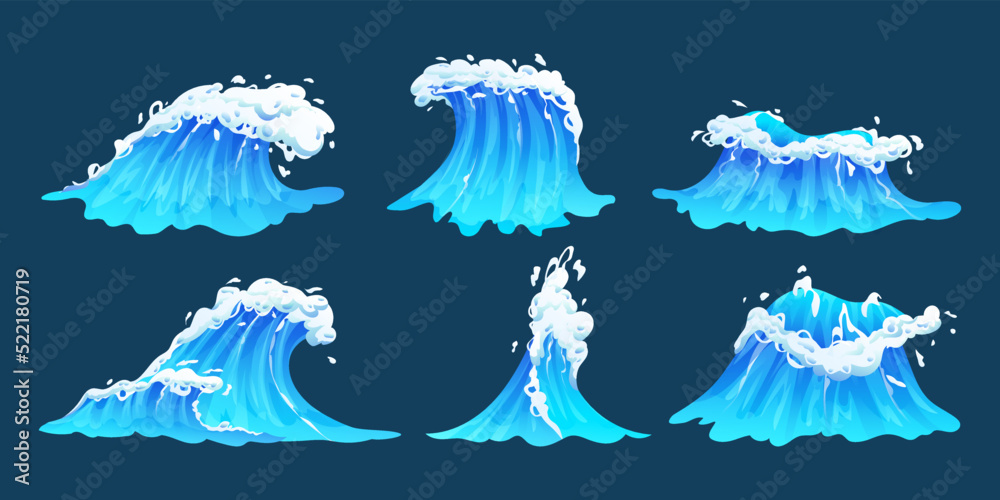 Cartoon sea waves collection. Set of blue ocean waves with white foam ...
