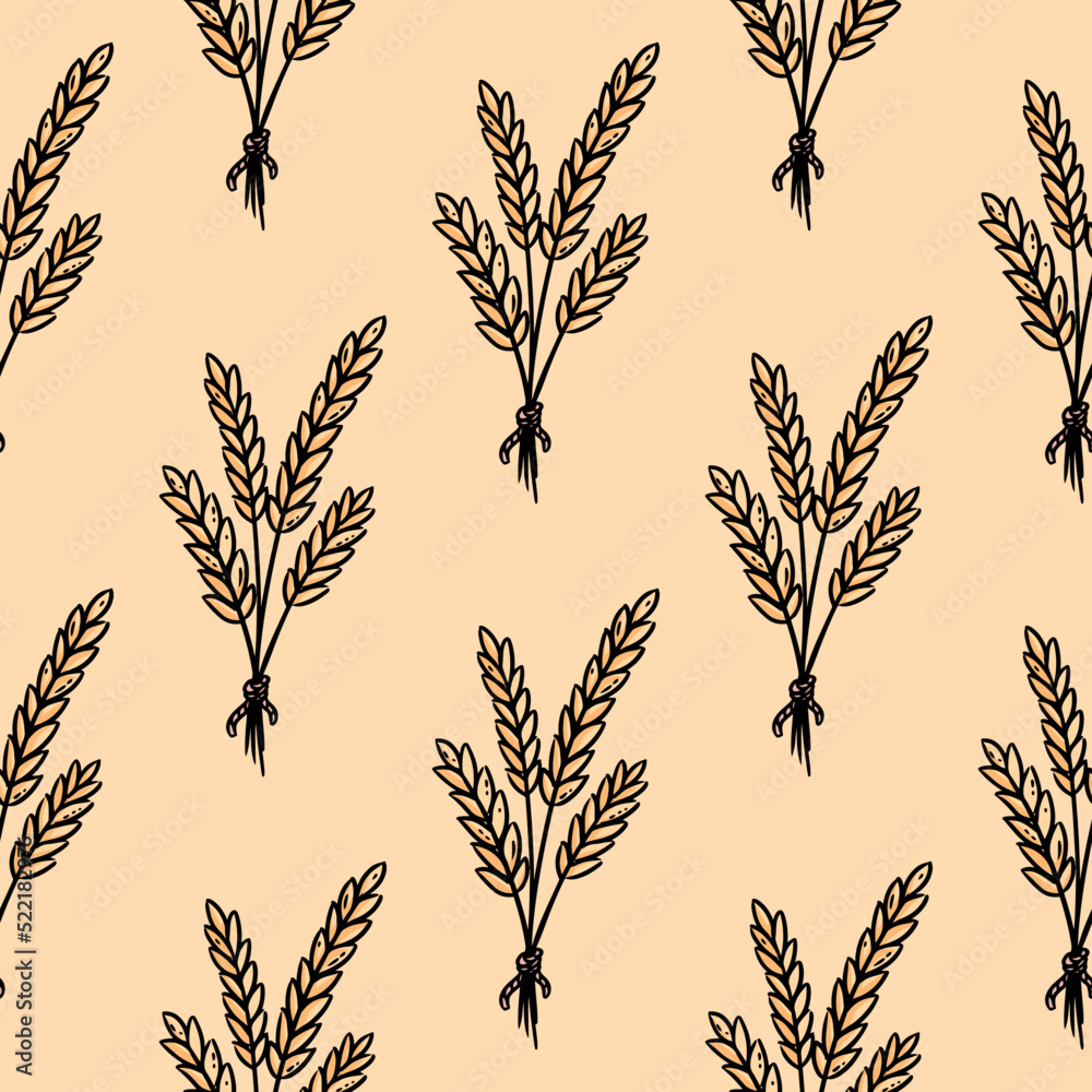 Cute cartoon wheat bundles doodles seamless border pattern. Grain ...