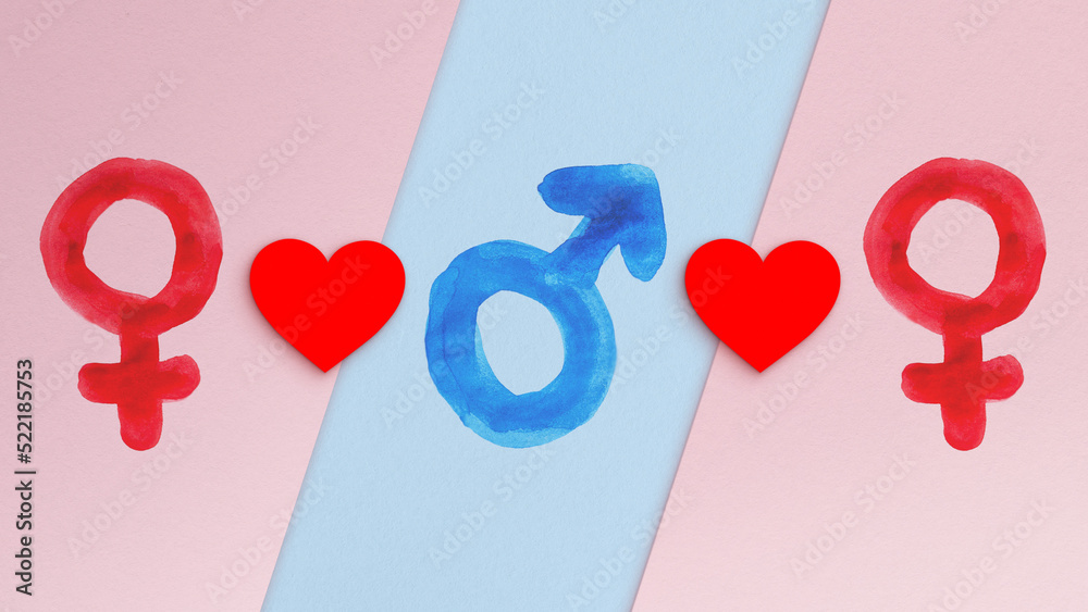 Polyamory concept. Two red female gender symbols, one blue male gender ...
