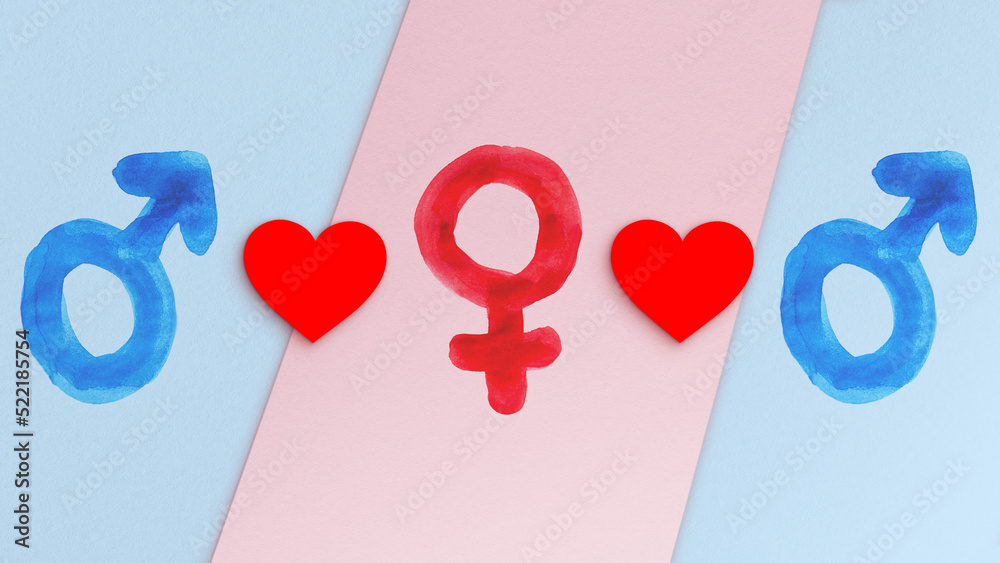 Polyamory concept. Two blue male gender symbols, one red female gender ...