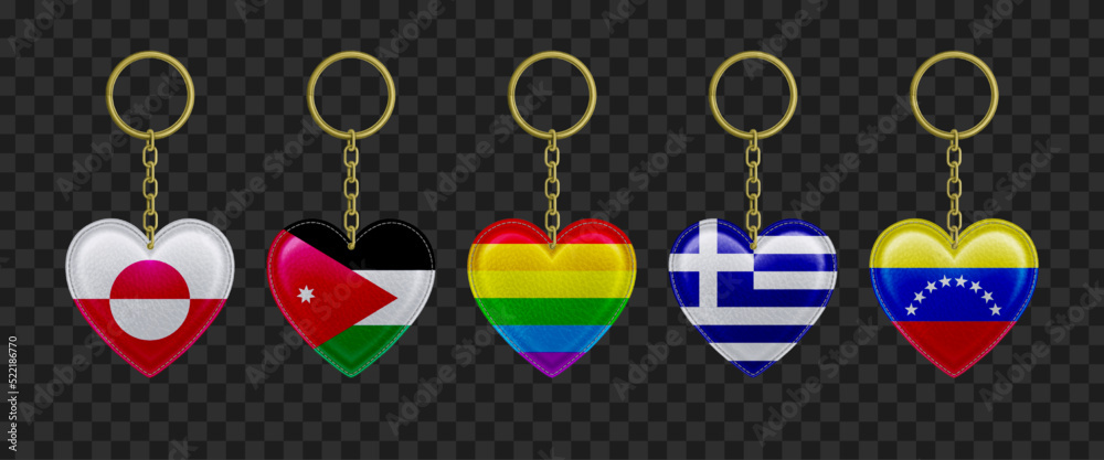 Vetor de Leather keychains in heart shape with countries flags and ...
