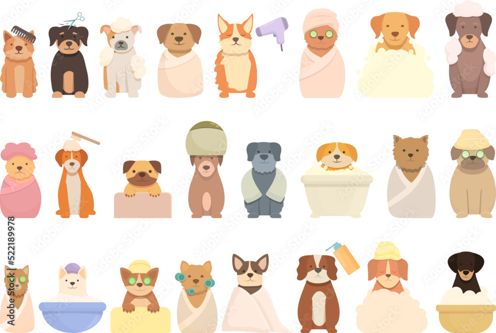 Dogs spa icons set cartoon vector. Grooming shower. Spa bath Stock ...