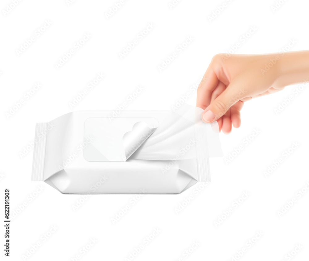 Realistic wet wipes bag mockup with hand. Vector illustration isolated ...
