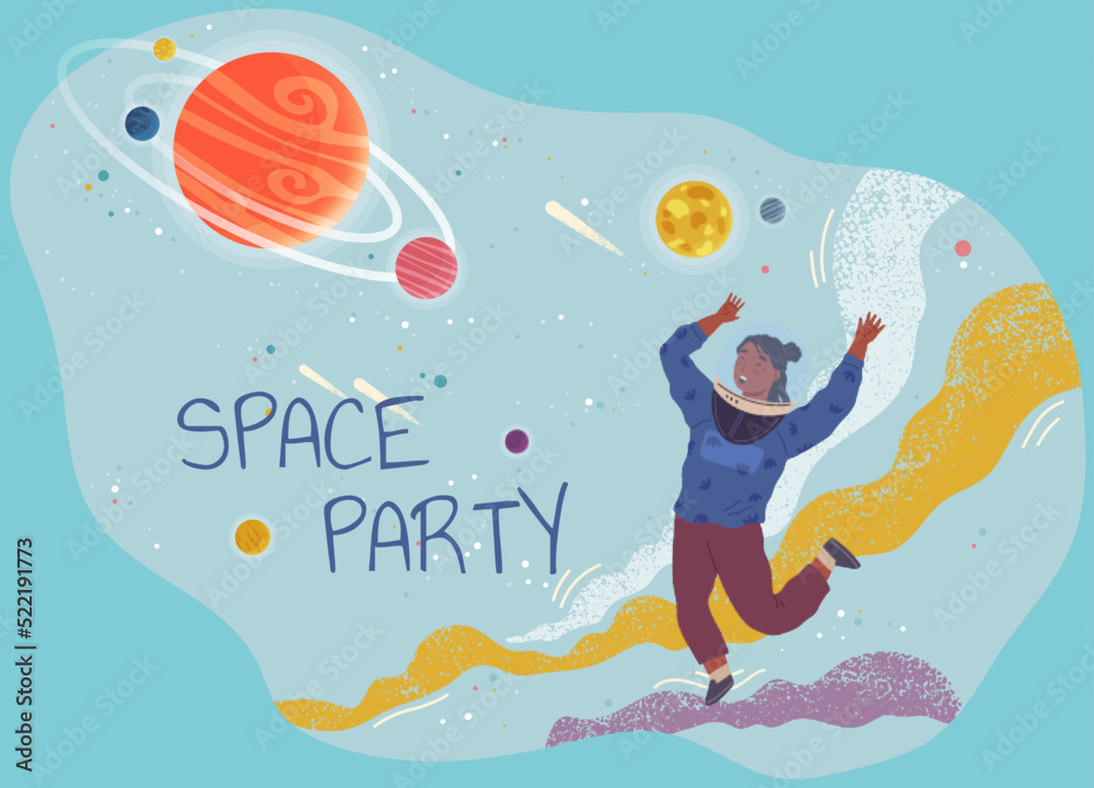 Space party vector female astronaut, cosmonaut, spaceship, comets ...