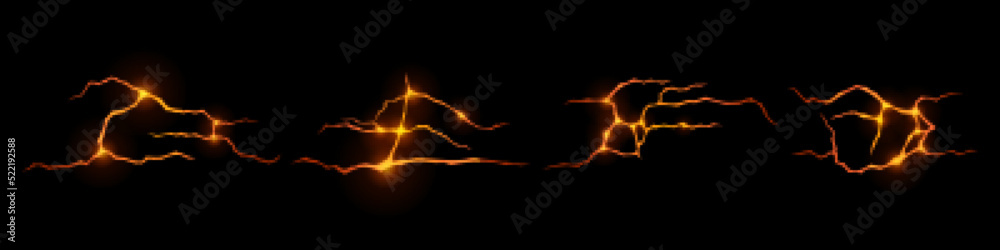 Lava in ground cracks, volcano magma orange glow in cracking holes ...