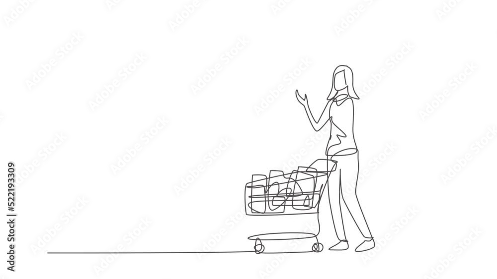 Animated self drawing of continuous line draw two women pushing trolley ...