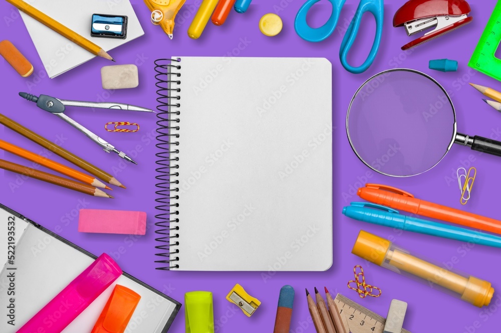 School stationery on background. Colorful math fractions, rulers, open ...