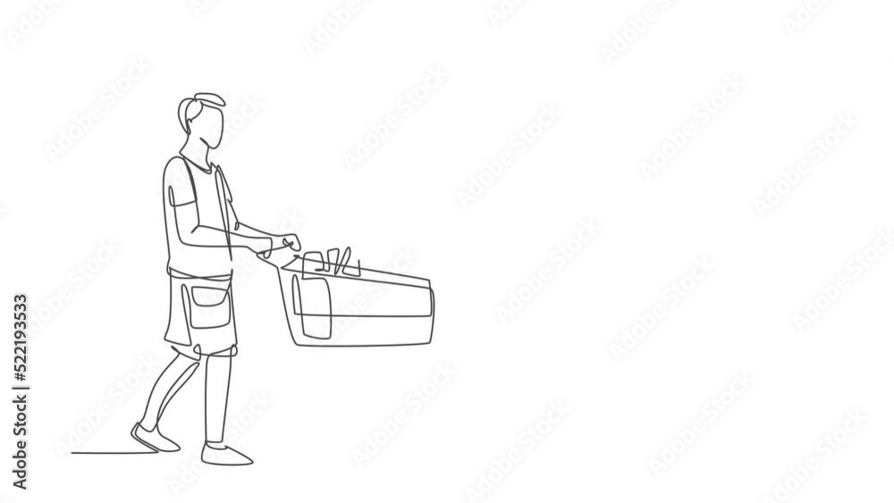 Animation of one line drawing man pushing trolley buying milk, daily ...