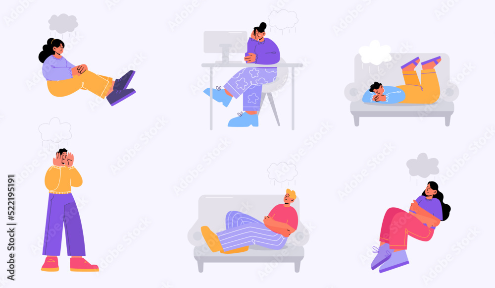 Sad, depressed people with rain cloud in different poses. Vector flat ...