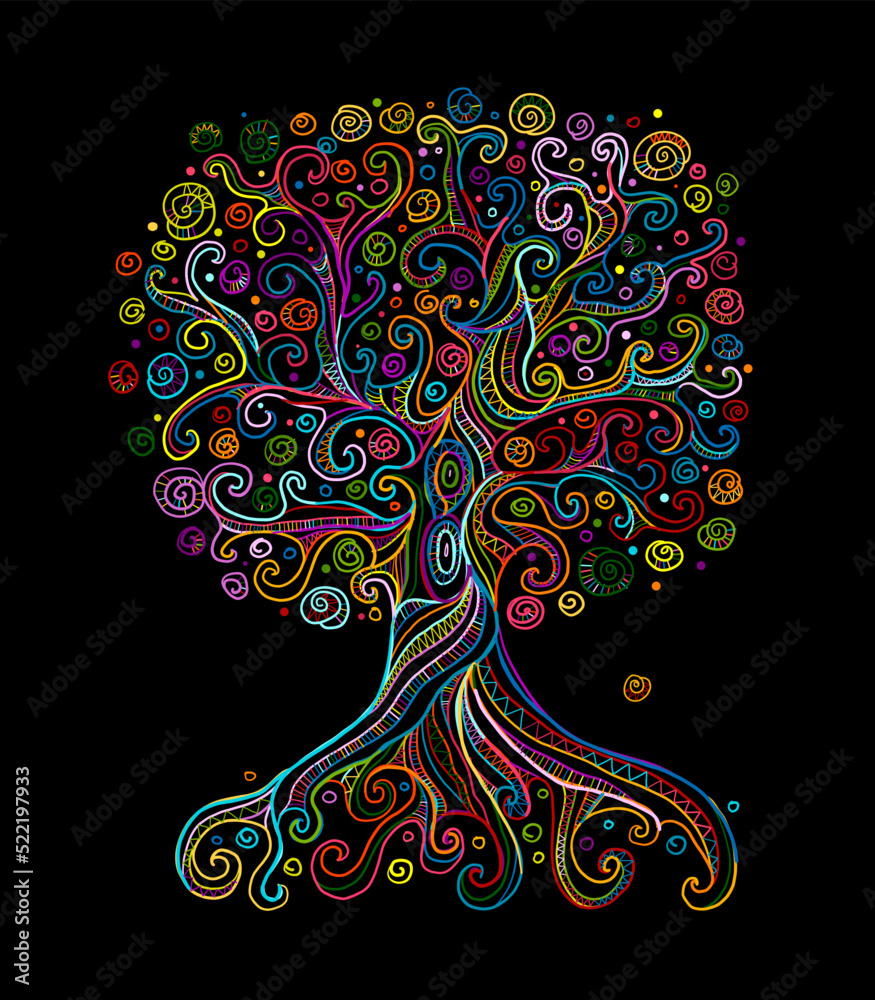 Colorful tree with roots on black background. Concept Art for your ...