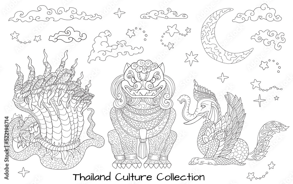 Design set with ethnic Thailand demons and characters, Asian mythology ...